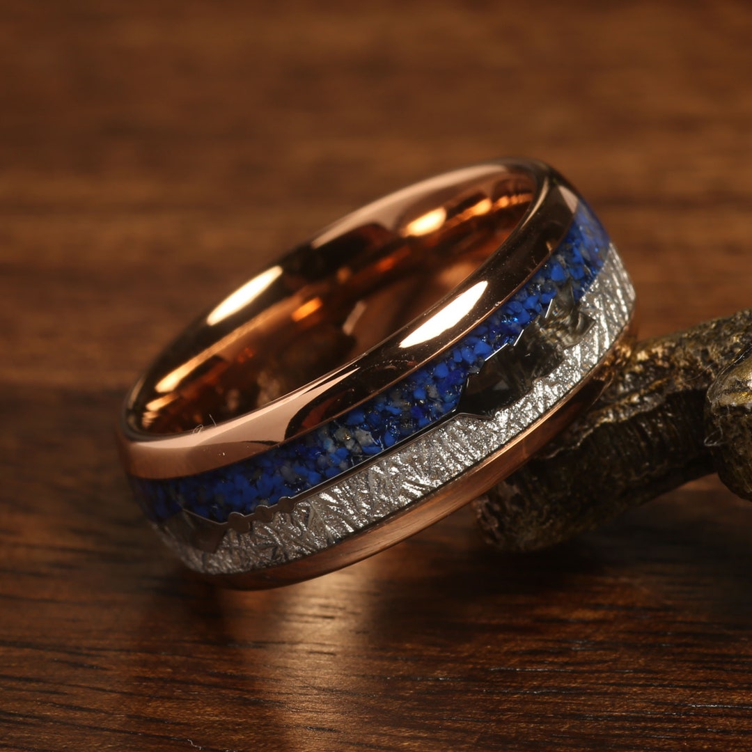 Rose GOLD & LAPIS LAZULI Wedding Band, Meteorite Wedding Band, Men's ...