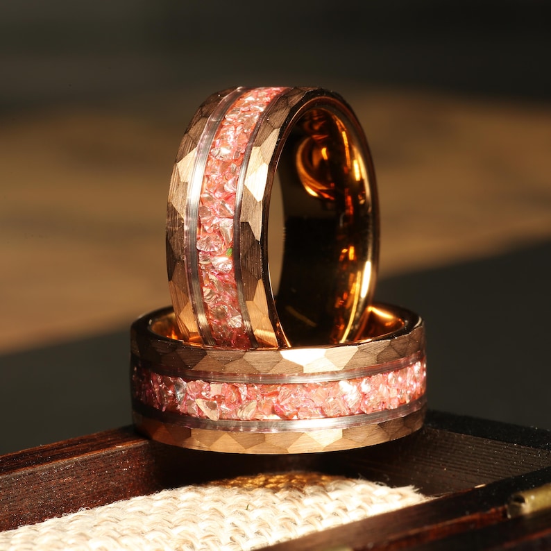 Crushed Morganite Rose Gold Wedding Band 8mm Hammered Tungsten Ring ...