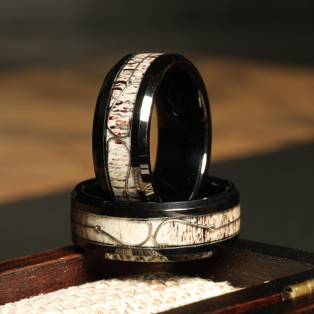 Engagement Ring Mens Rings Antler Ring Fishing Hook Black Wedding Band ...