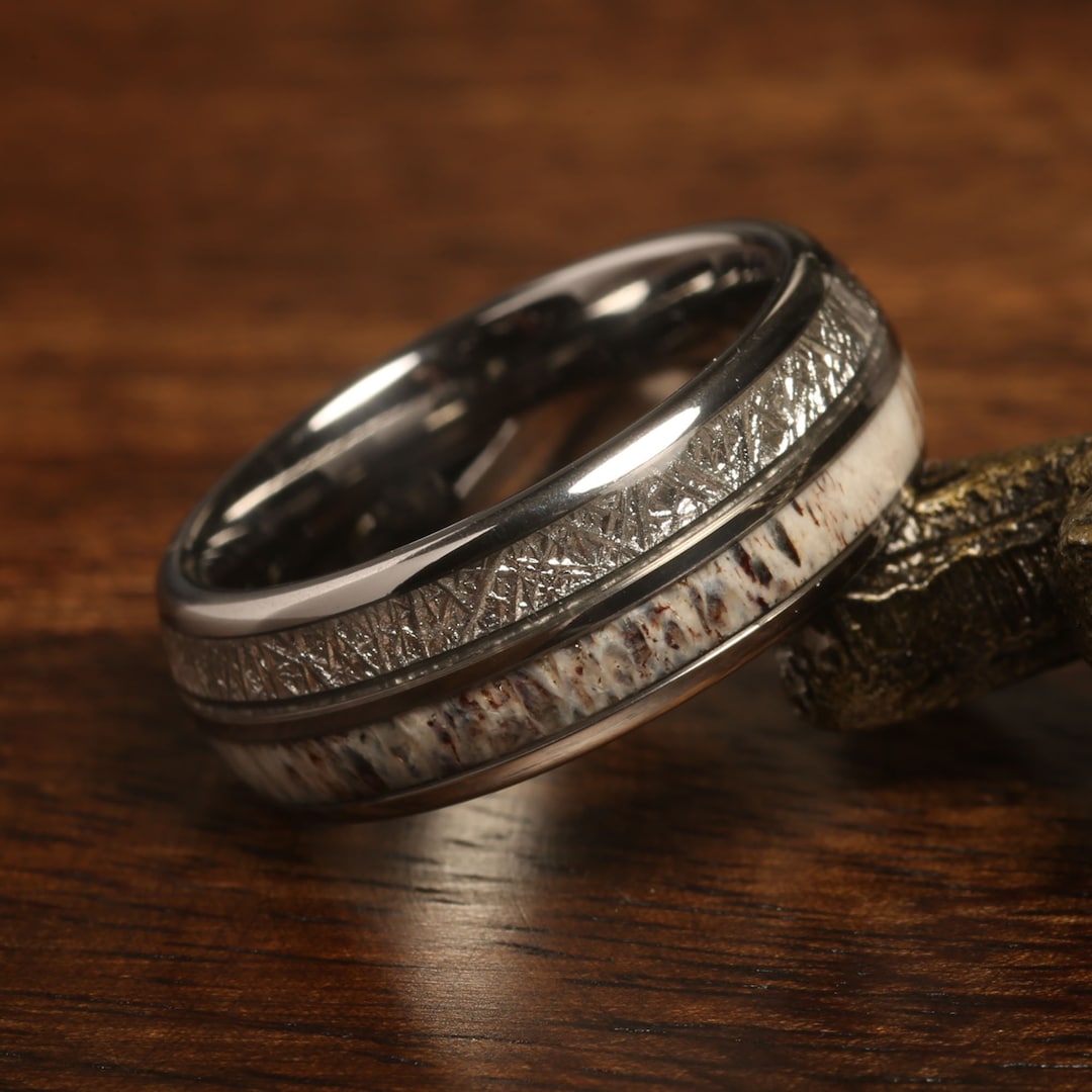 Mens Rings Deer Antler Ring, Men and Women Wedding Band Meteorite ...