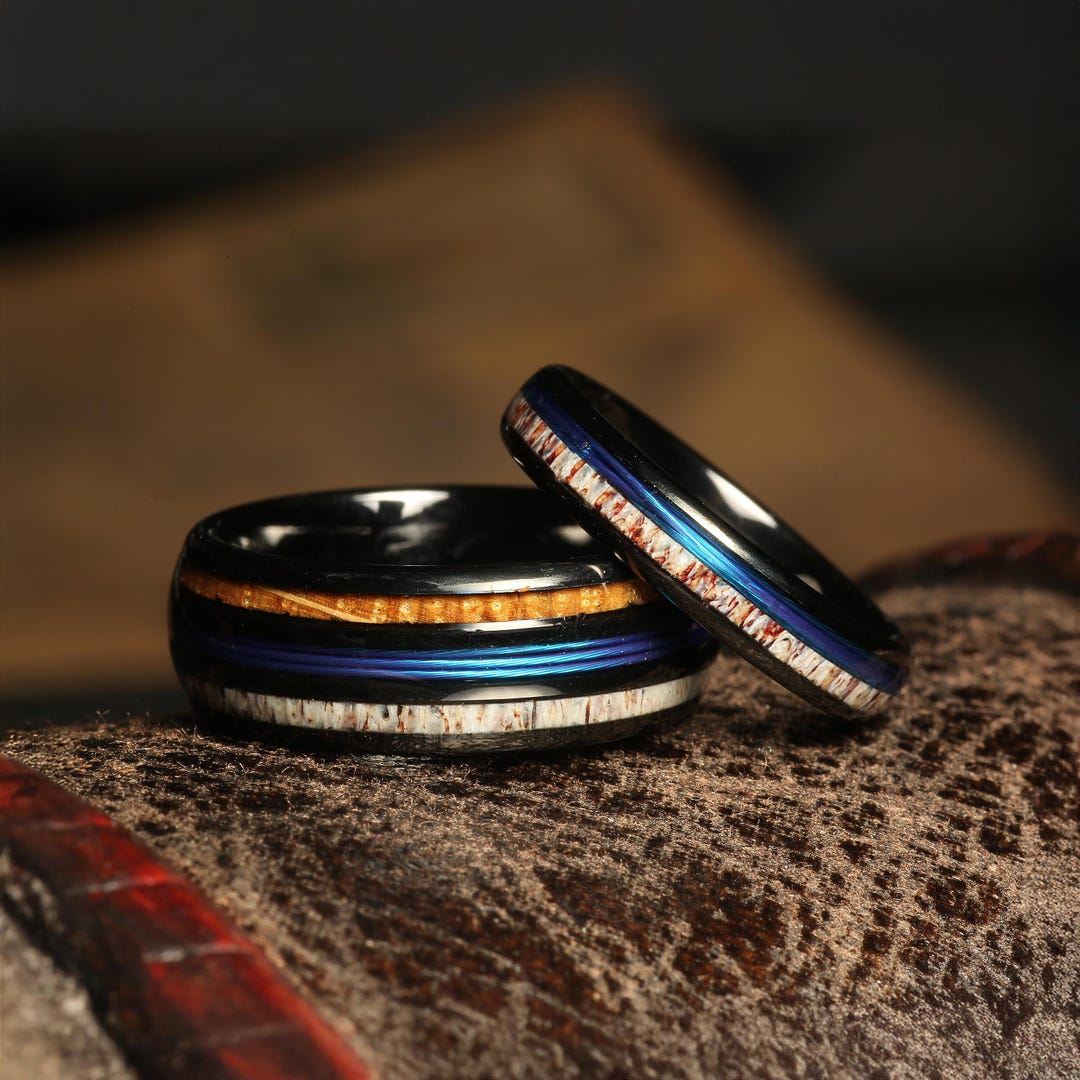 Couple Rings Deer Antler Whiskey Barrel Fishing Line WEDDING Rings His ...
