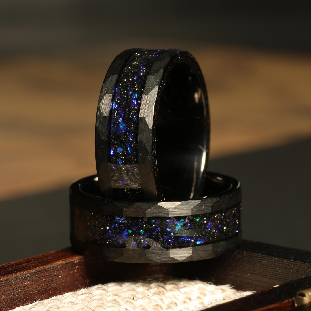 Custom Space Galaxy Ring, Mens Ring, Engraved Meteorite Tungsten Ring ...