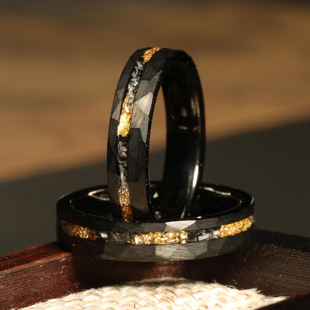 The Aether -hammered Gold Leaf and Meteorite Ring Black Brushed Faceted Tungsten Band Womens ...
