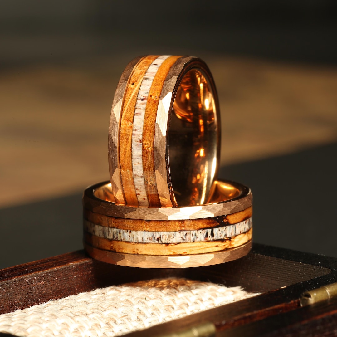 The Whiskeyantler -antler Hammered Wedding Ring With Charred Whiskey ...