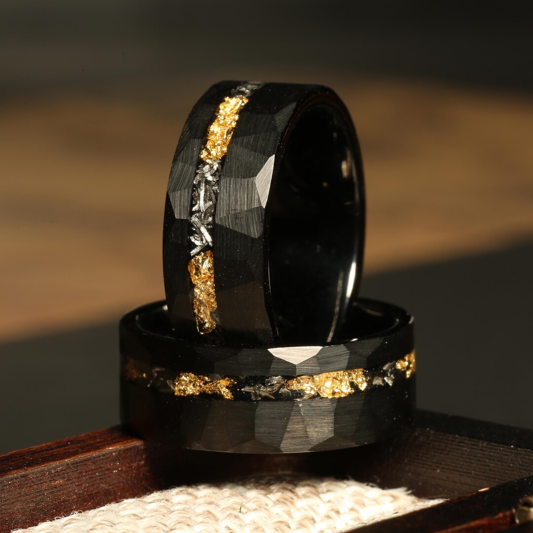 The Valor -men's Wedding Ring Hammered Meteorite Black Faceted & 24K ...