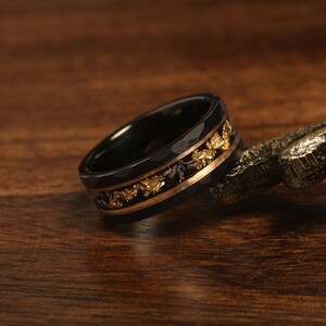 The Aether -hammered Gold Leaf and Meteorite Ring Black Hammered Wedding Ring Brushed Tungsten ...