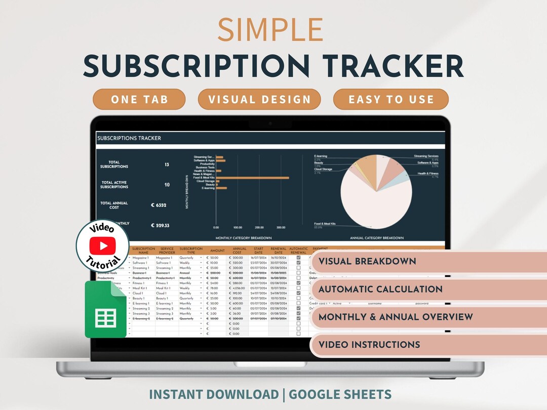 Subscription Tracker Membership Monthly and Annual Expense Tracker ...