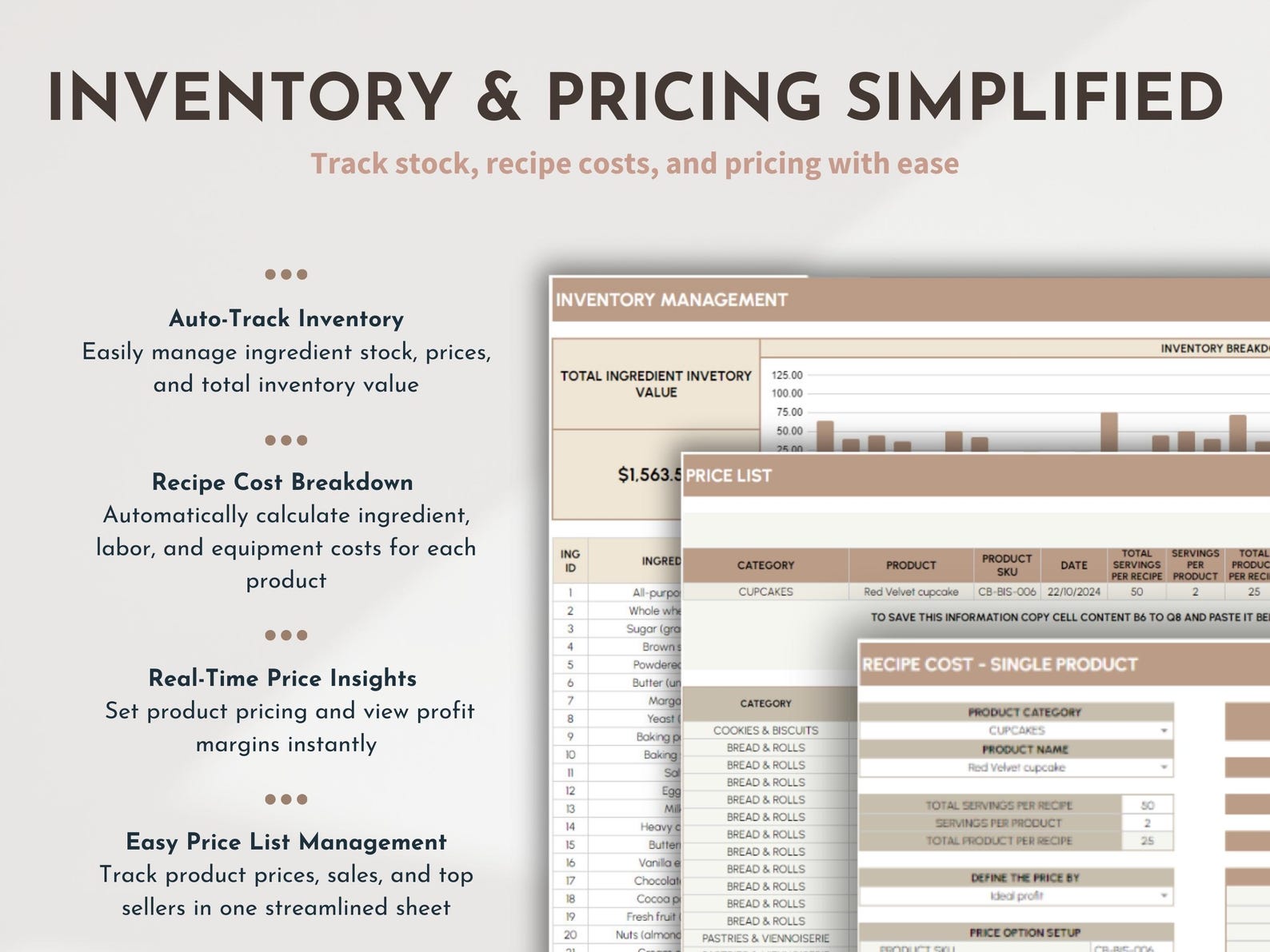 Bakery Planner Recipe Cost Calculator Bakery Spreadsheet Inventory ...
