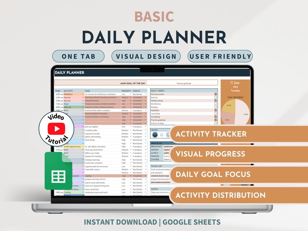 Daily Planner Hourly Planner Spreadsheet Daily Schedule Organizer for ...