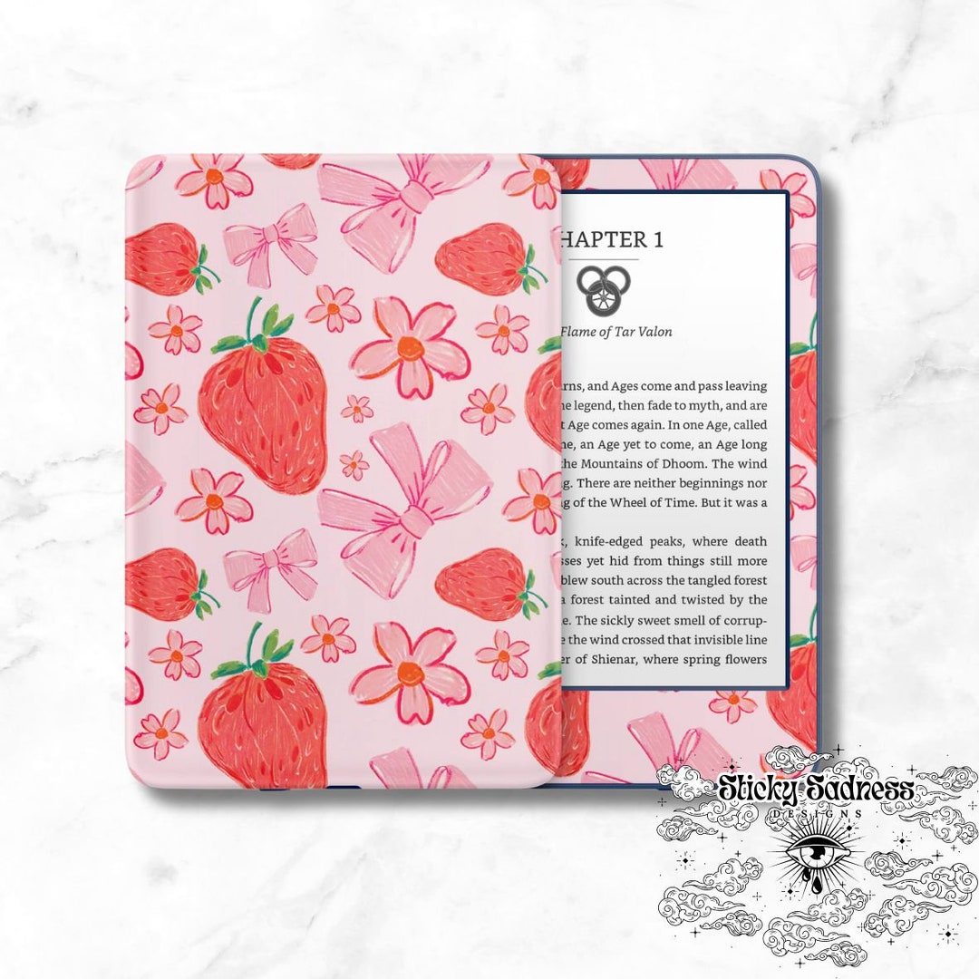 Strawberries and Pink Bows Decal Insert Skin, Cute Vinyl Wrap for Kindle Kobo iPad Boox Fire ...