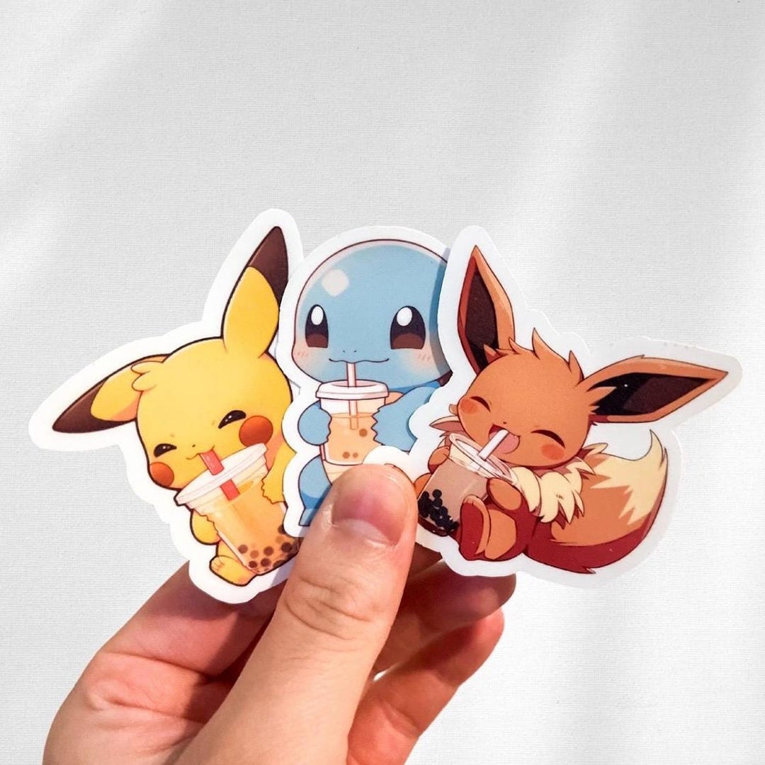 Anime Boba Sticker: Eevee, Pikachu, Squirtle - Waterproof Vinyl for ...
