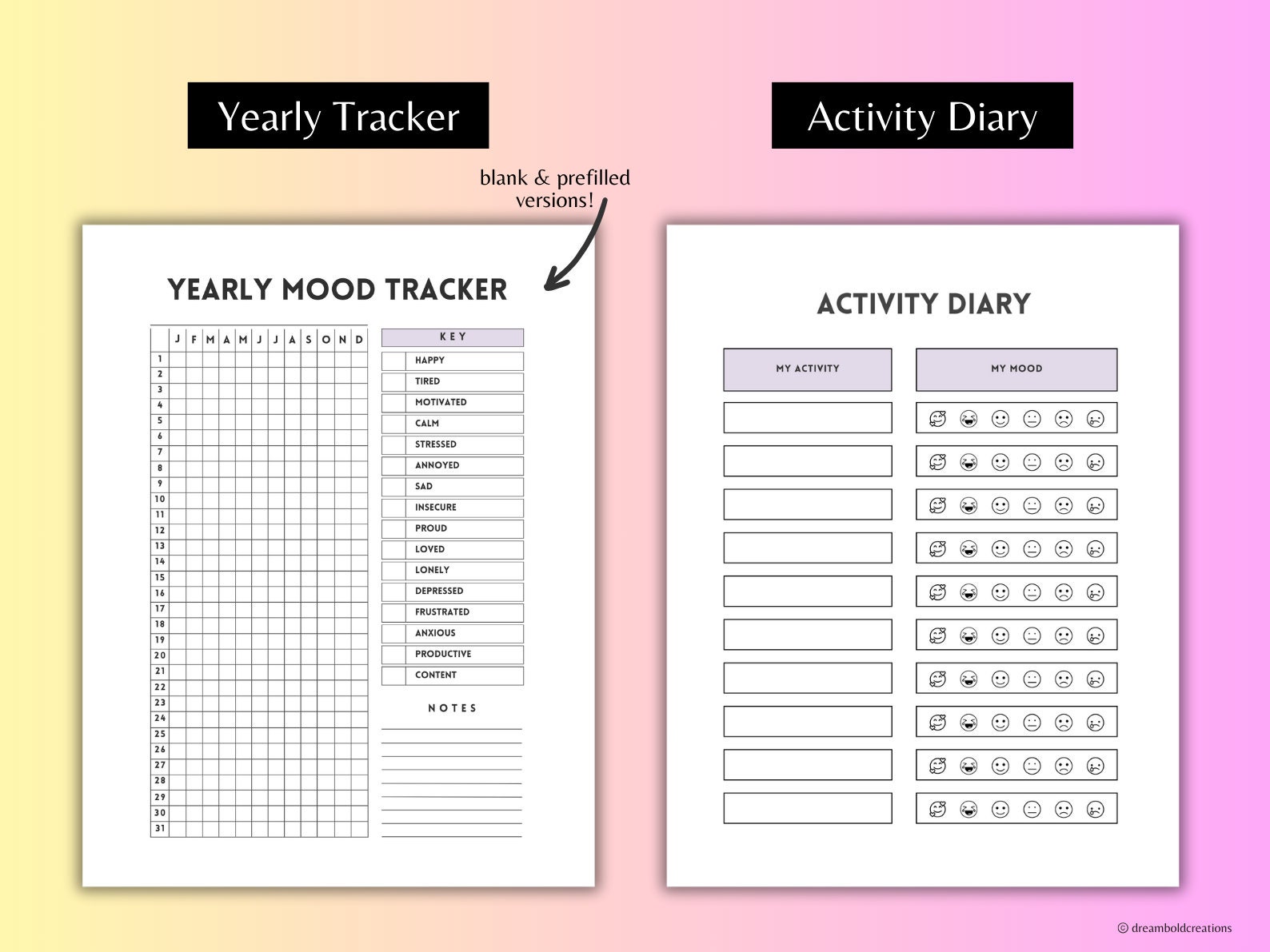 Mood Tracker Printable Journal Bundle, Digital Mood Journal PDF Kit ...