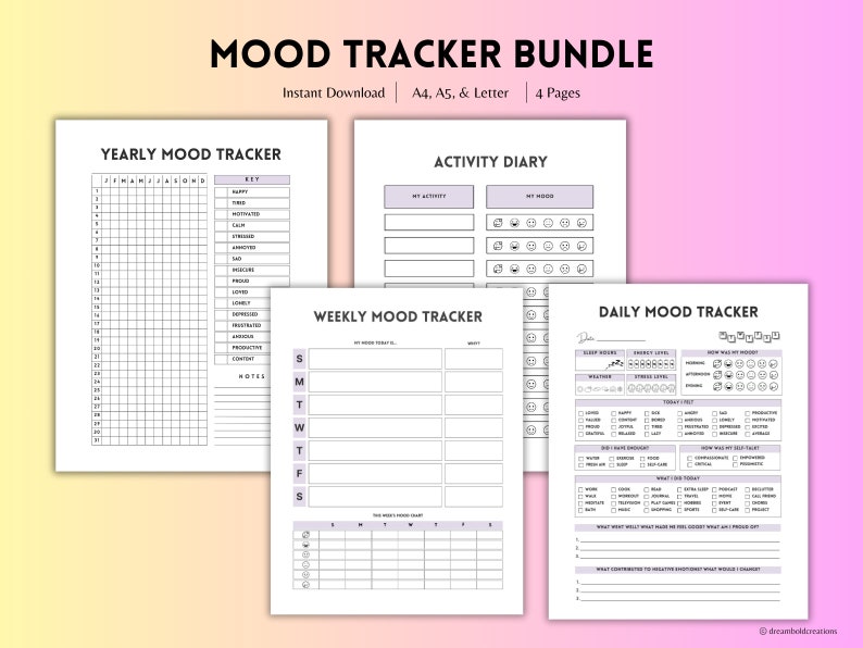 Mood Tracker Printable Journal Bundle, Digital Mood Journal PDF Kit ...