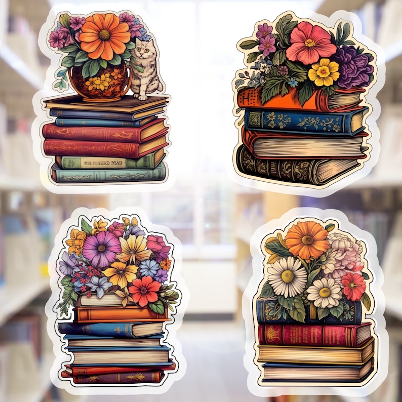 Pack of Stack of Books With Flowers Sticker Vinyl Witchy Sticker ...