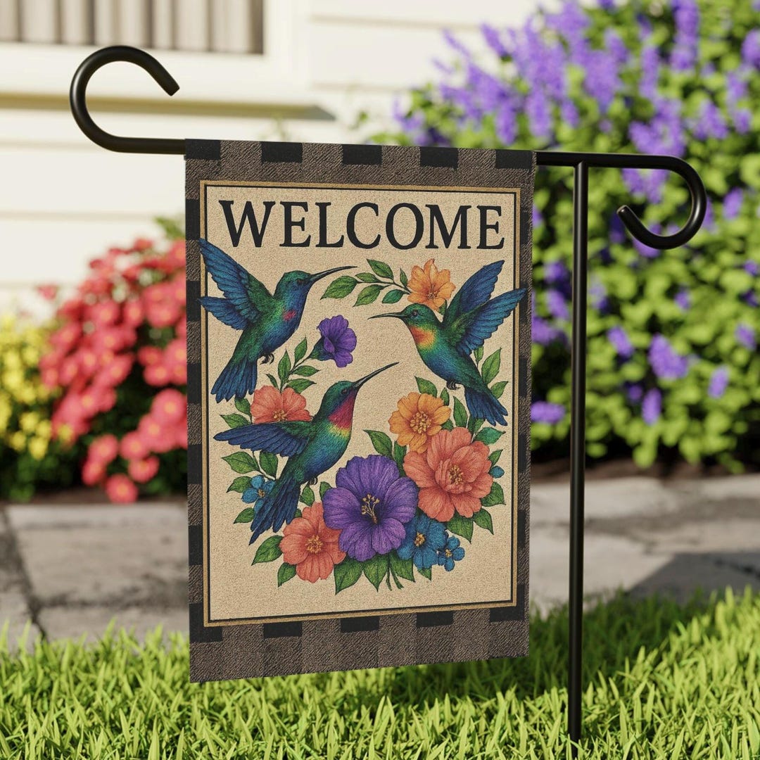 Welcome Hummingbird Garden Flag, Colorful Floral Burlap Outdoor Decor ...