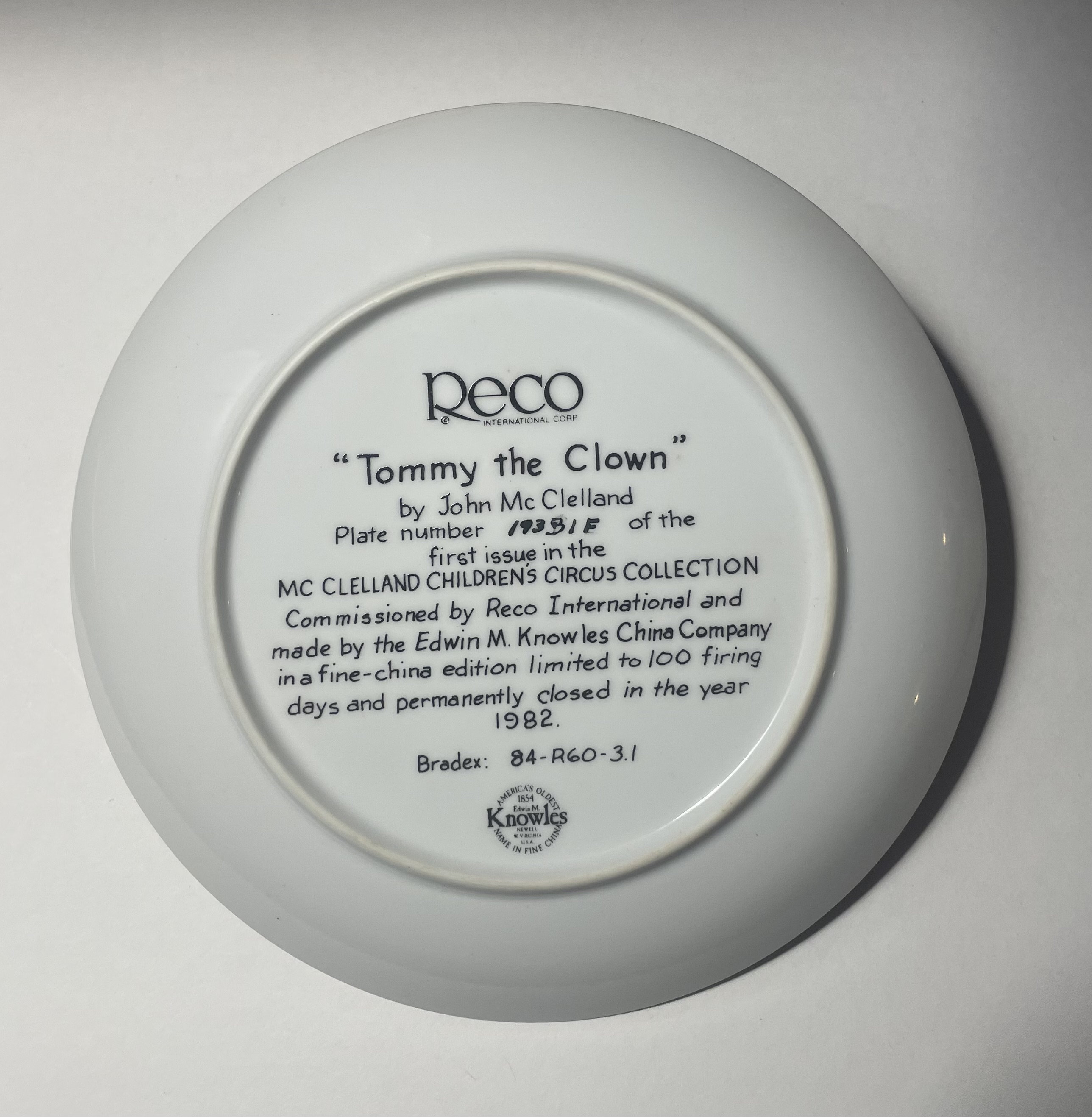 Vintage 1982 Reco tommy the Clown Mcclelland Childrens Circus Collection Series Plate 1 Limited ...