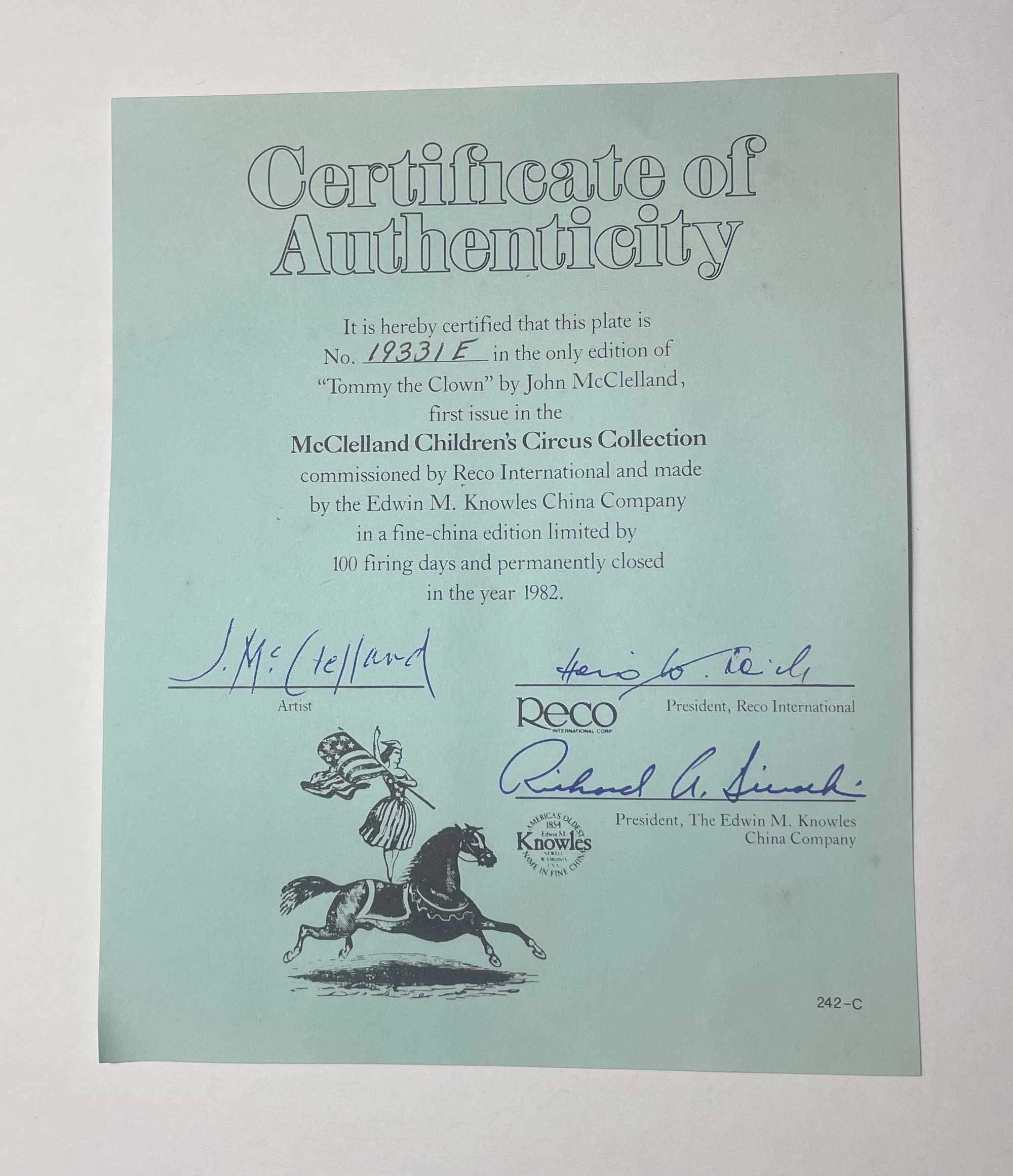 Vintage 1982 Reco tommy the Clown Mcclelland Childrens Circus Collection Series Plate 1 Limited ...