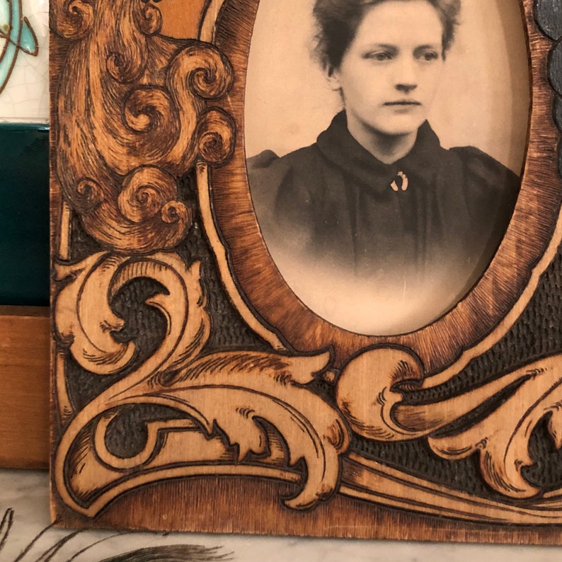 Antique 1890s Art Nouveau Era Pyrography Flemish Art Frame With ...