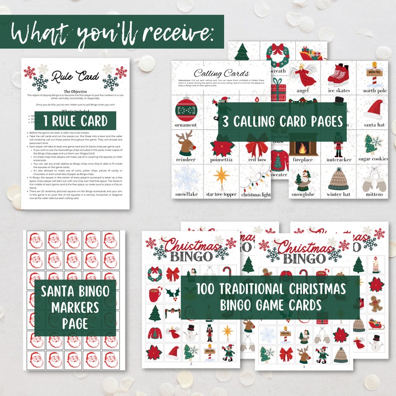 Christmas Bingo - Printable Set of 100 Cards for Family Fun, Party Game ...