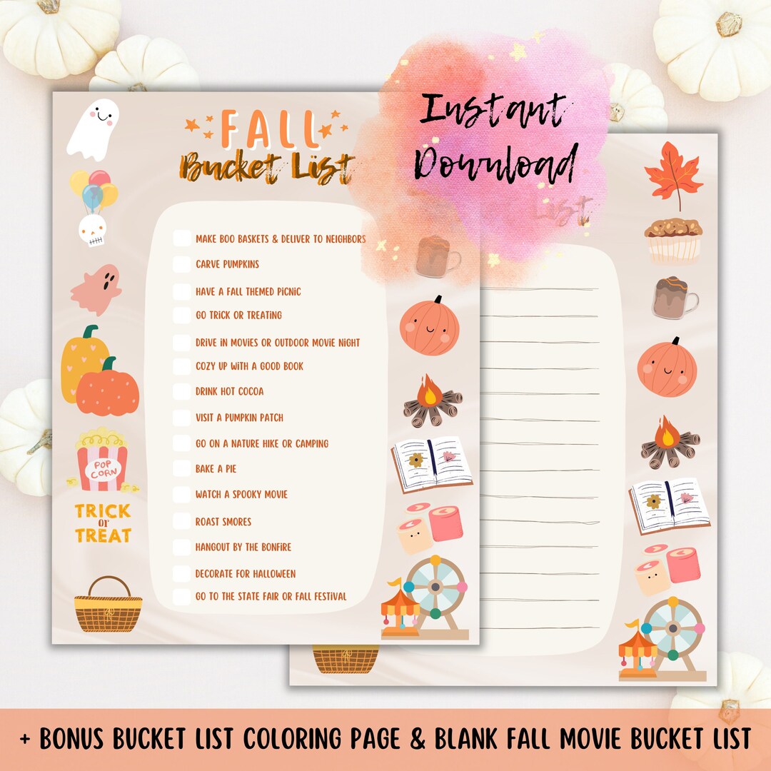 FALL BUCKET LIST Printable - Digital Download With Fall Movie Bucket ...