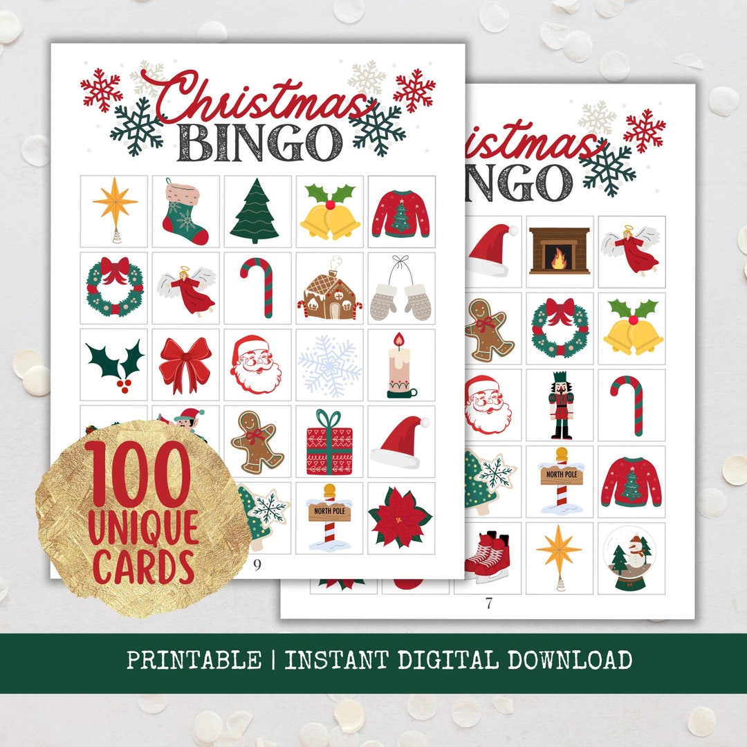 Christmas Bingo - Printable Set of 100 Cards for Family Fun, Party Game ...