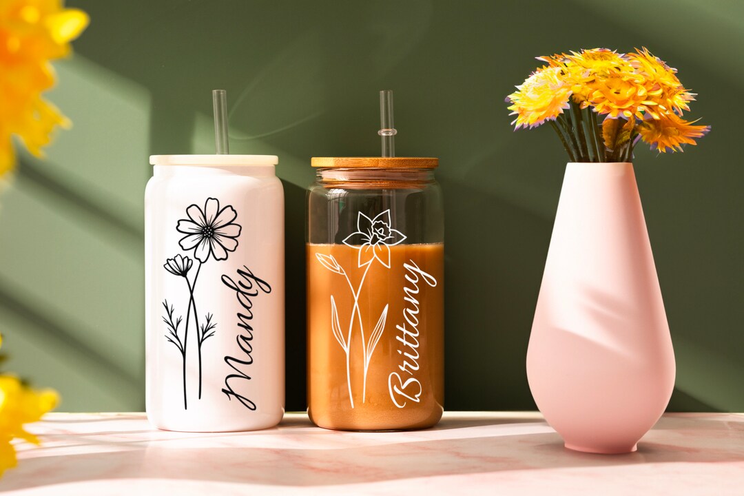 Personalized Birth Flower Glass Cup, Custom Glass Cup, Birth Flower ...