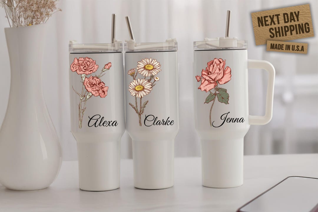 Custom Birth Flower Tumbler With Handle, Personalized 40 Oz Tumbler ...