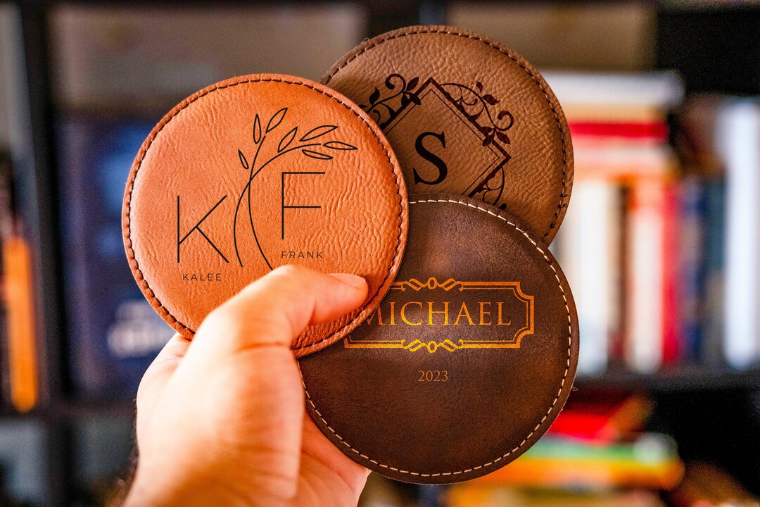 Custom Leather Coasters With Holder, Coaster Set, Personalized Leather ...