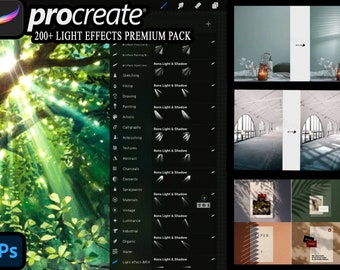 200 Light Effect Pack for Procreate and Photoshop, Sunlight Rays, Halo ...
