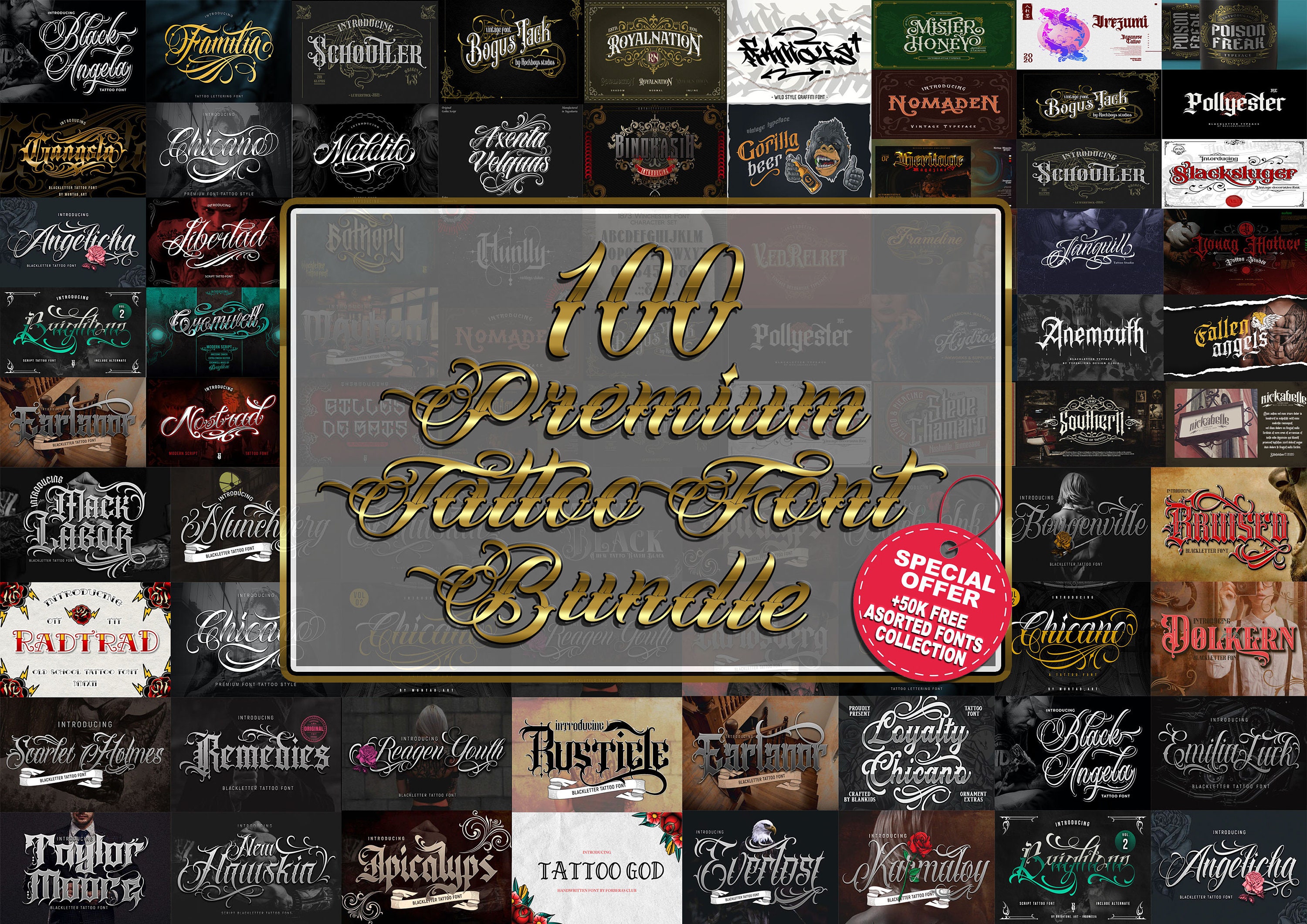 100+ Premium Tattoo Font Bundle, Custom Tatoos Design, Logo Fonts ...