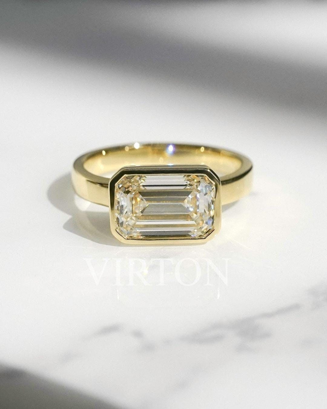 East-west Emerald Cut Moissanite Bezel Ring 3.5 Carat Solitaire ...