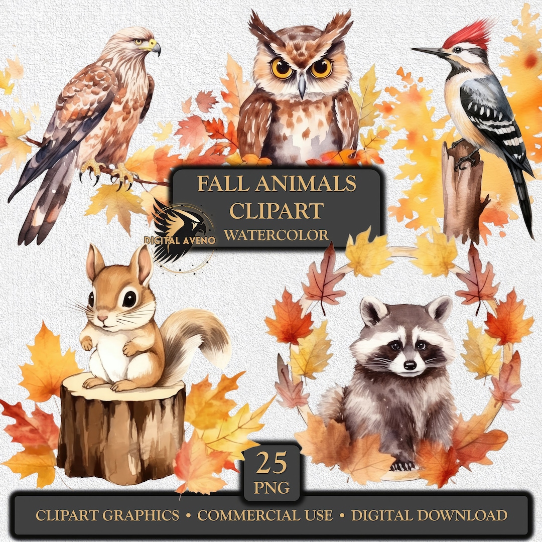 Watercolor Fall Animals Clipart: 25 Pngs Autumn Clipart - Etsy