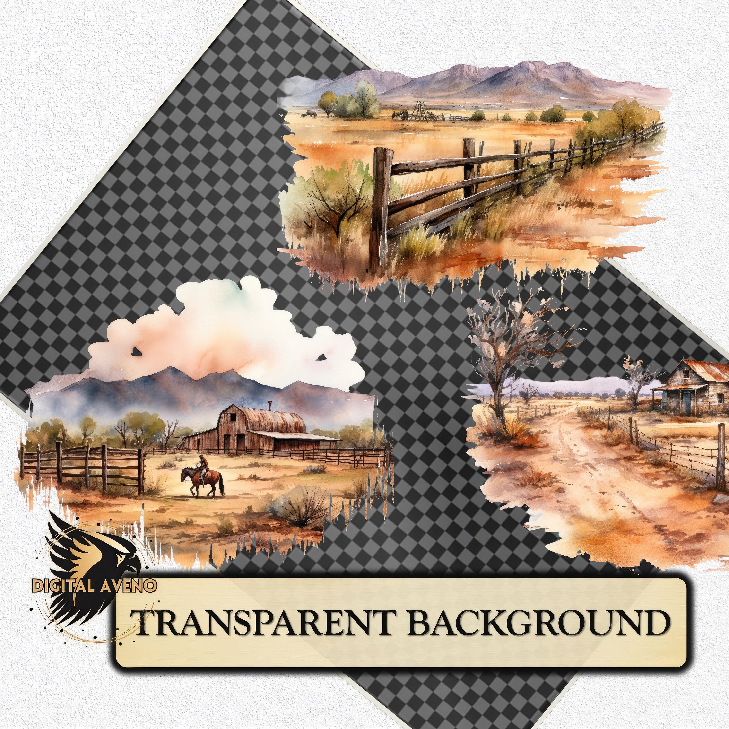 Watercolor Western Landscapes Clipart 20 PNG Images, Watercolor Ranch ...