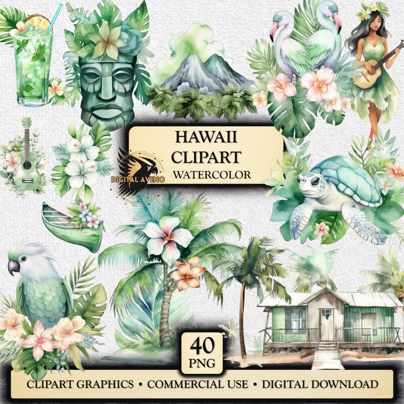 Watercolor Hawaii Clipart 40 PNG Images, Watercolor Tropical Clipart ...