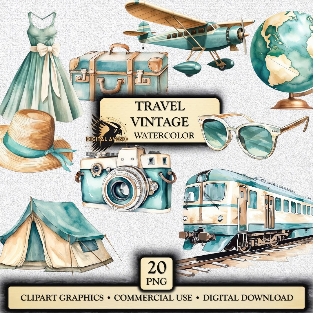 Watercolor Travel Vintage Clipart 20 PNG Images, Vintage Travel ...