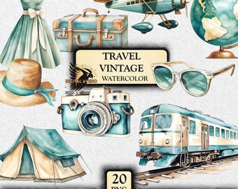 22 Watercolor Travel Clipart, Vintage Travel, Vacation Clipart, Holiday ...