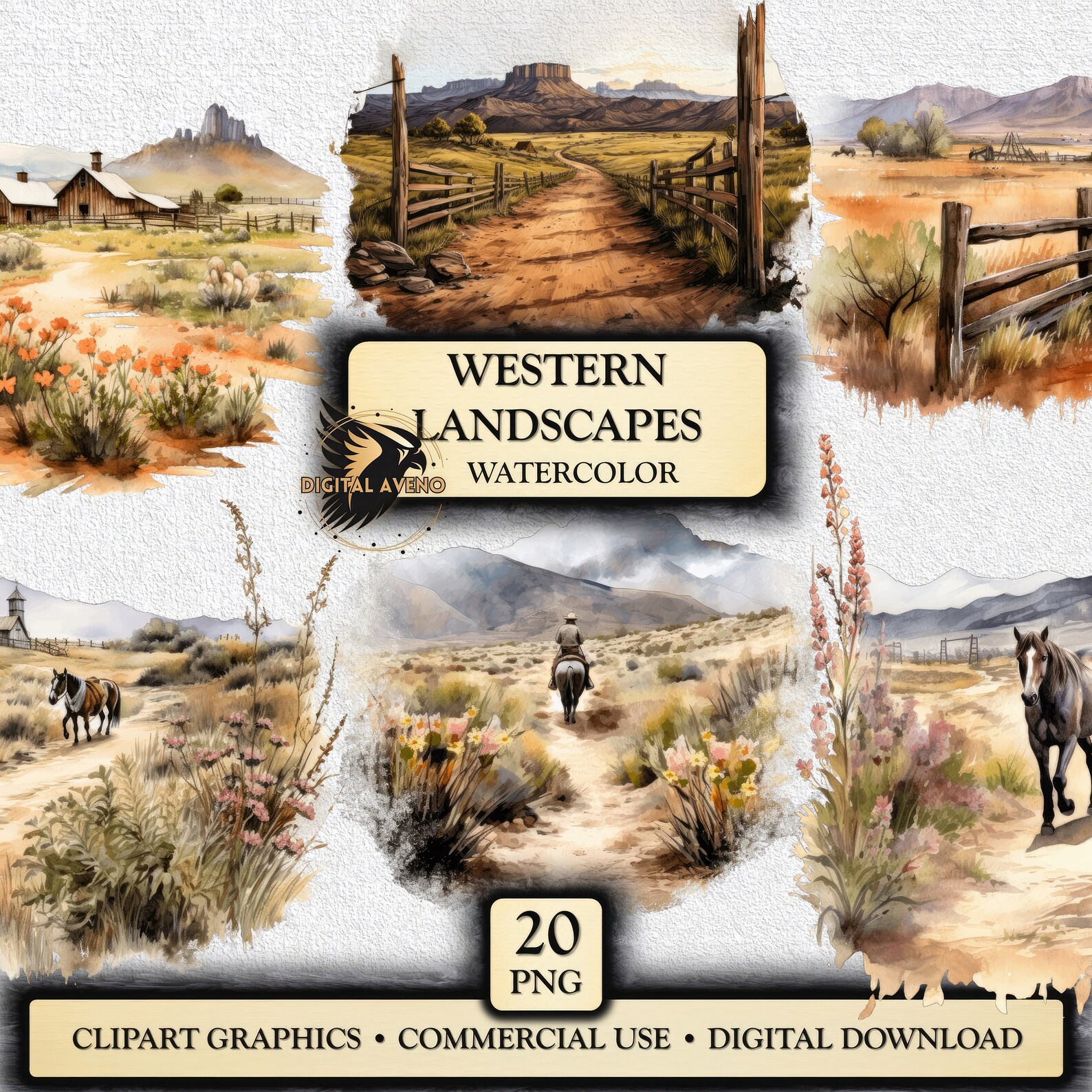 Watercolor Western Landscapes Clipart 20 PNG Images, Watercolor Ranch ...
