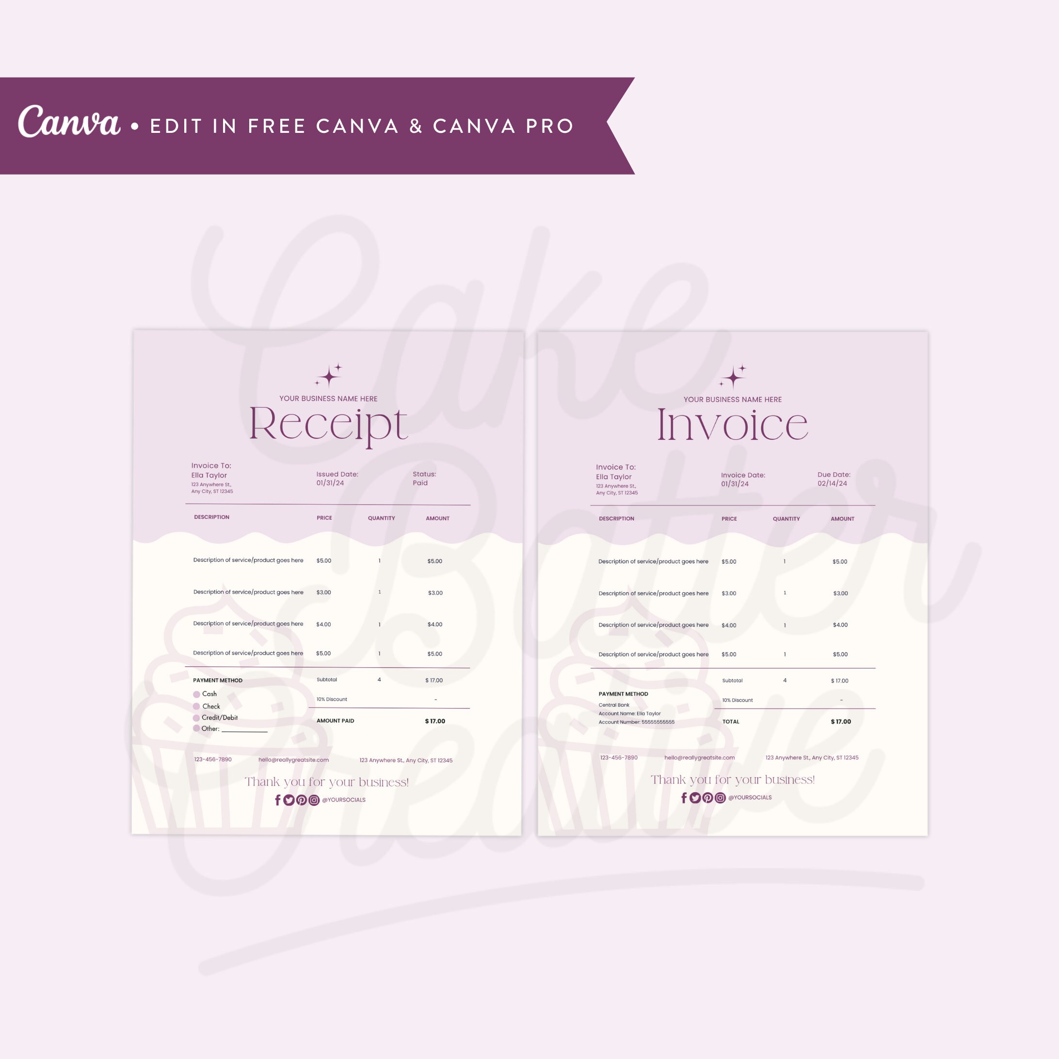 Invoice & Receipt Canva Templates, Bakery Invoices Template, Bakery ...