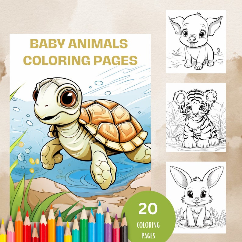 Cute Baby Animals, 20 Coloring Page, for Kids, Instant Download ...