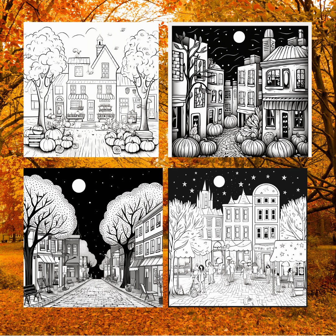Minimalist Fall Street Market, 40 Coloring Pages, for Adults and Kids ...