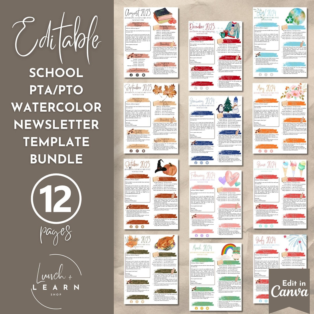 School PTA/PTO Watercolor Monthly Newsletter Editable Template Bundle ...