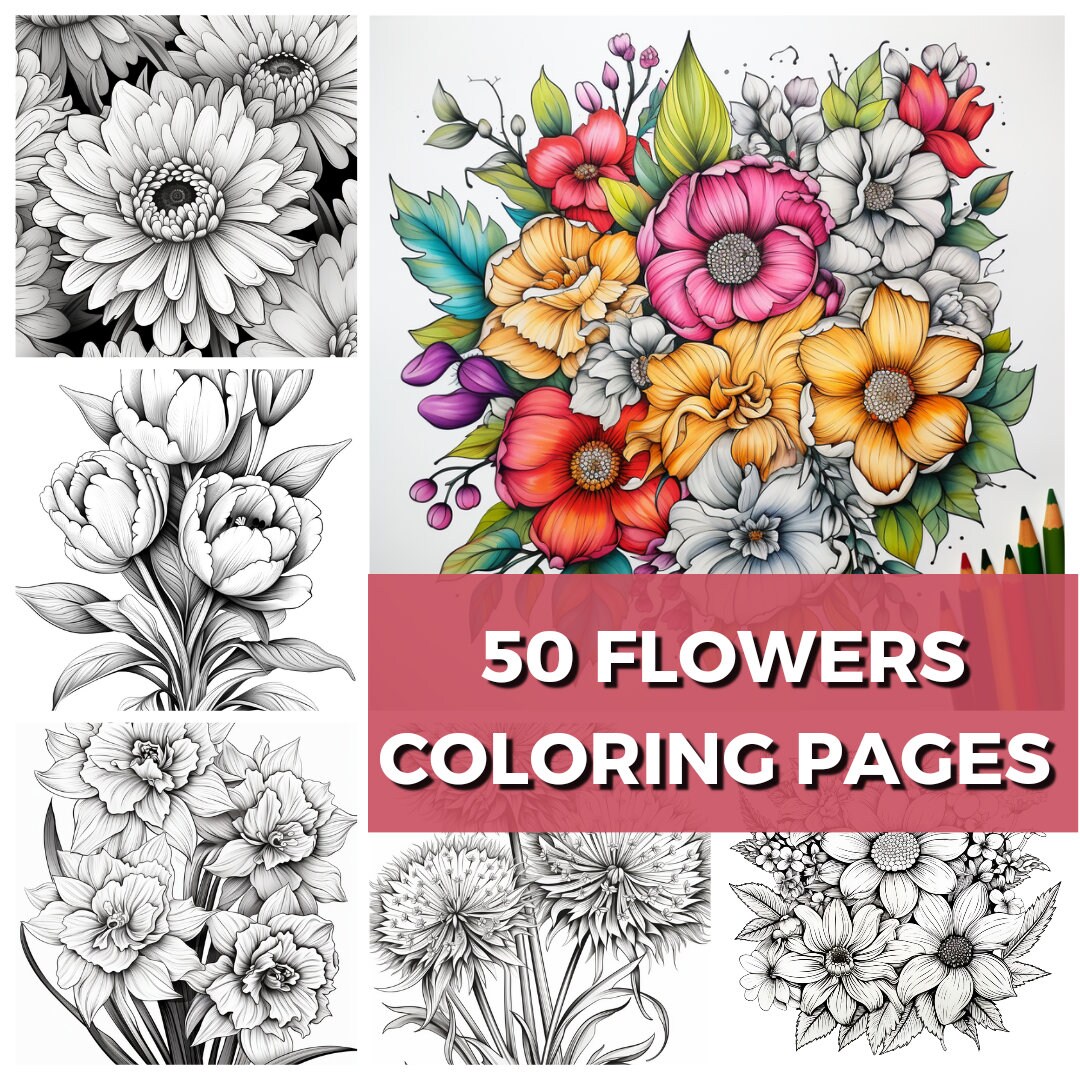50 Flowers Coloring Pages Beautiful Flowers 50 Pages - Etsy