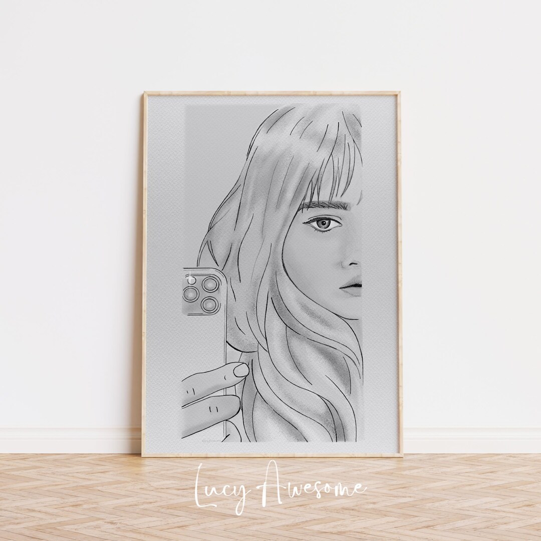 Pencil Drawing Line Art Selfie Girl Portrait, Woman, Wall Art Black and ...