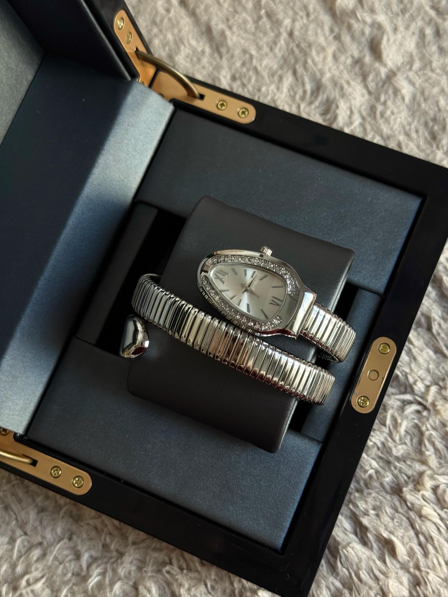 Elegant Silver Coil Watch- Snake Vintage Style- Silver With Iridescent ...