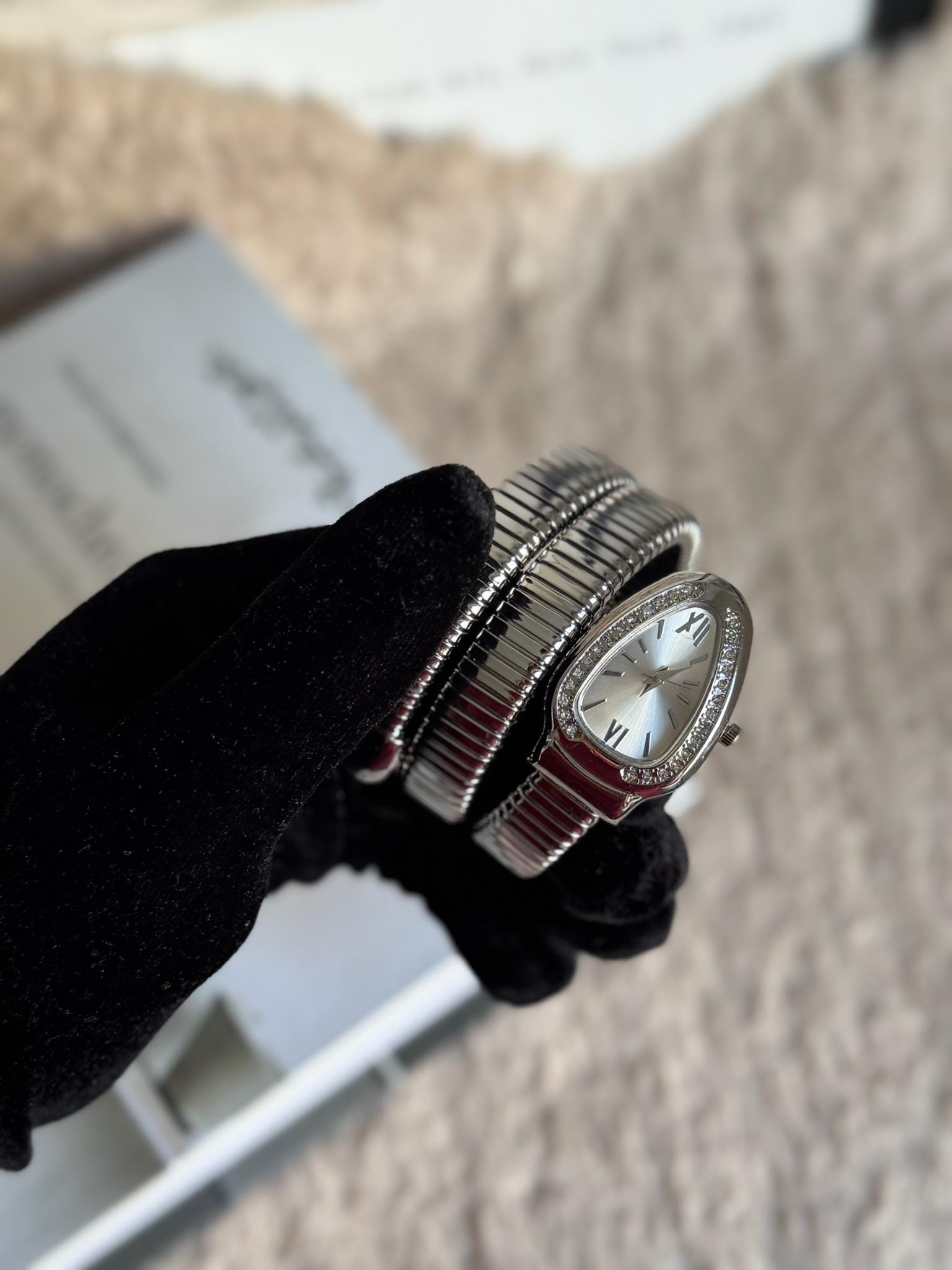 Elegant Silver Coil Watch- Snake Vintage Style- Silver With Iridescent ...