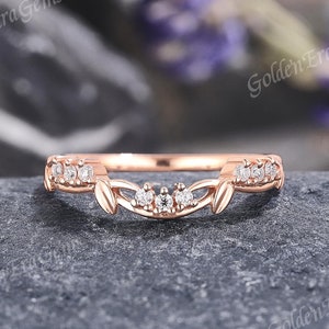 Art Deco Moissanite Curved Wedding Band Solid Gold Leaf Vine Wedding ...