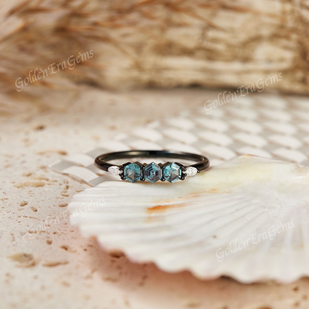 Unique Hexagon Cut Alexandrite Wedding Band Clack Gold Moissanite ...