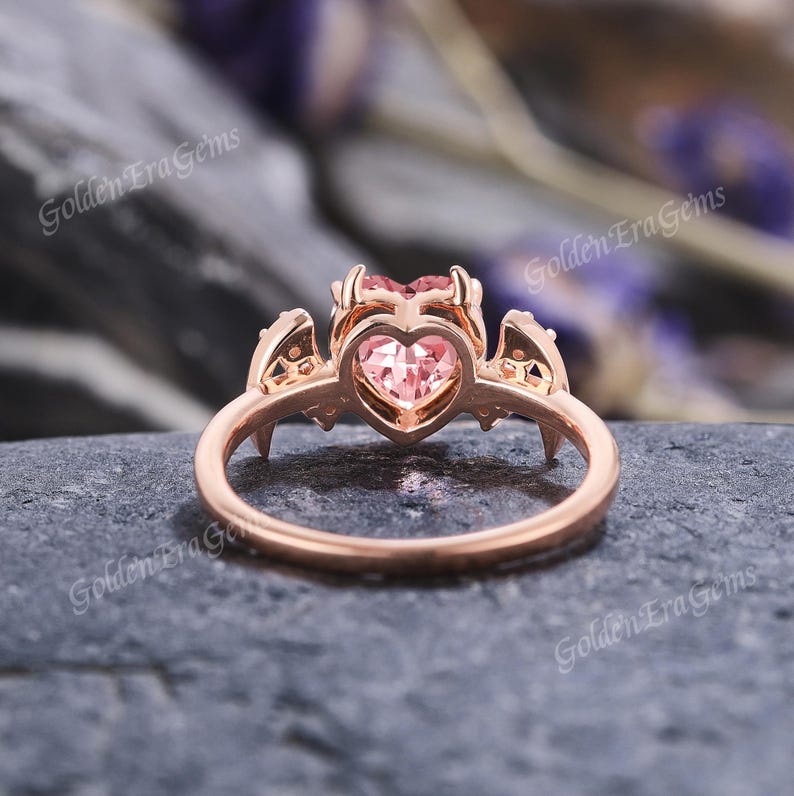 Art Deco Heart Pink Sapphire Engagement Ring Gothic Bat Wing Wedding ...