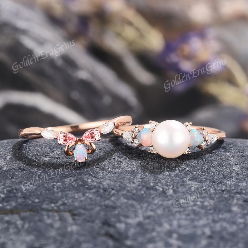 Unique Akoya Pearl Engagement Ring Set Gold Delicate Heart Opal ...