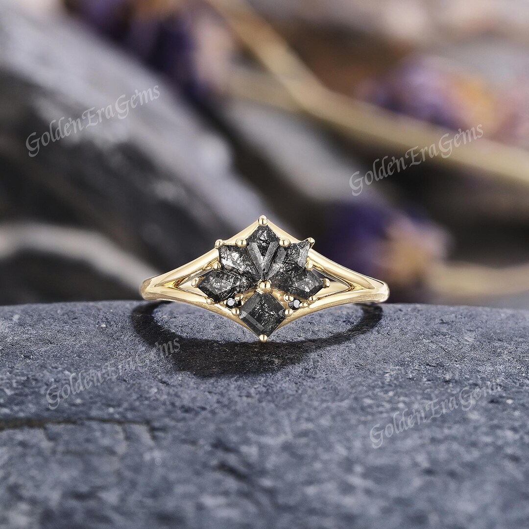 Gothic Moth Engagement Ring Gold Delicate Kite Black Rutilated Quartz ...